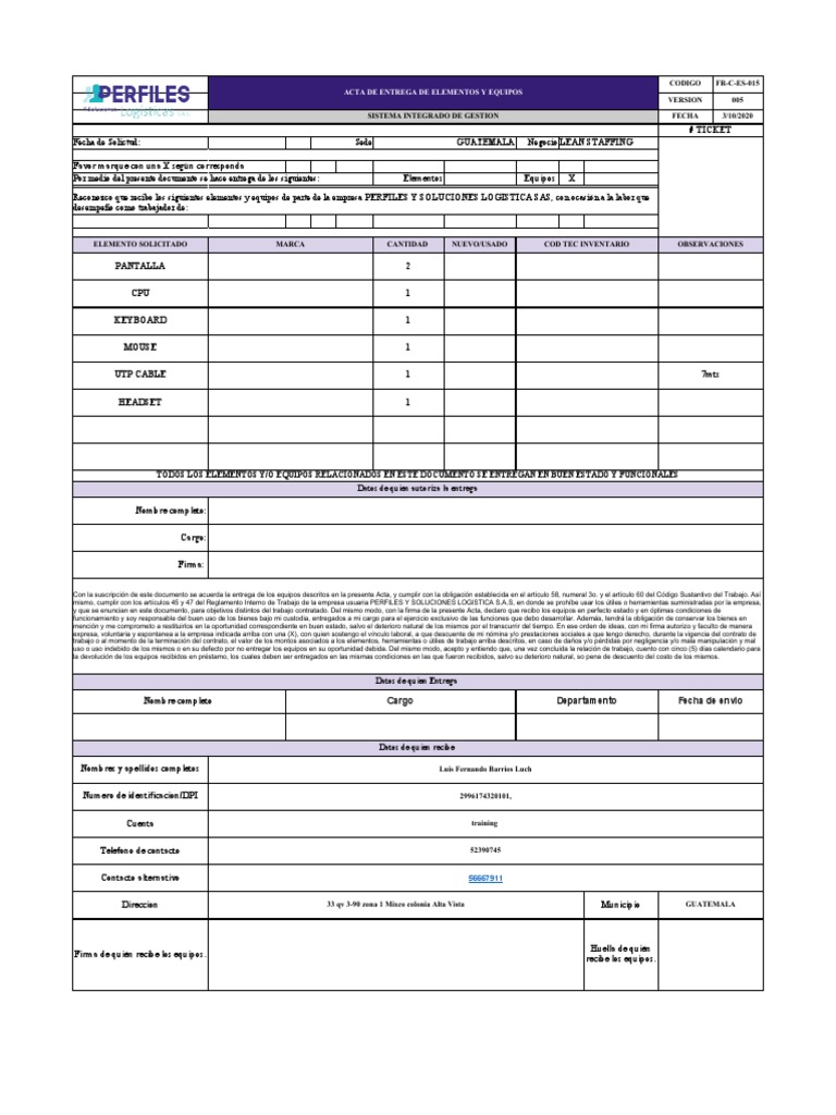 Formato Acta de Entrega Elementos y Equipos - Luis Fernando Barrios ...