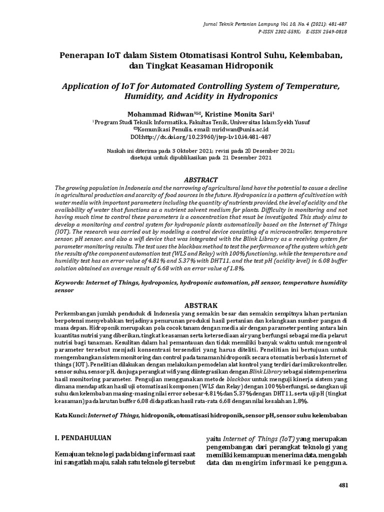 Iot Based Hydroponic Monitoring And Control System Pdf Internet Of