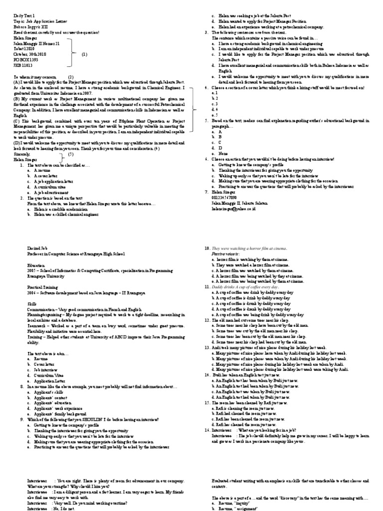 Job Application Letter Example | PDF | Cognition | Learning
