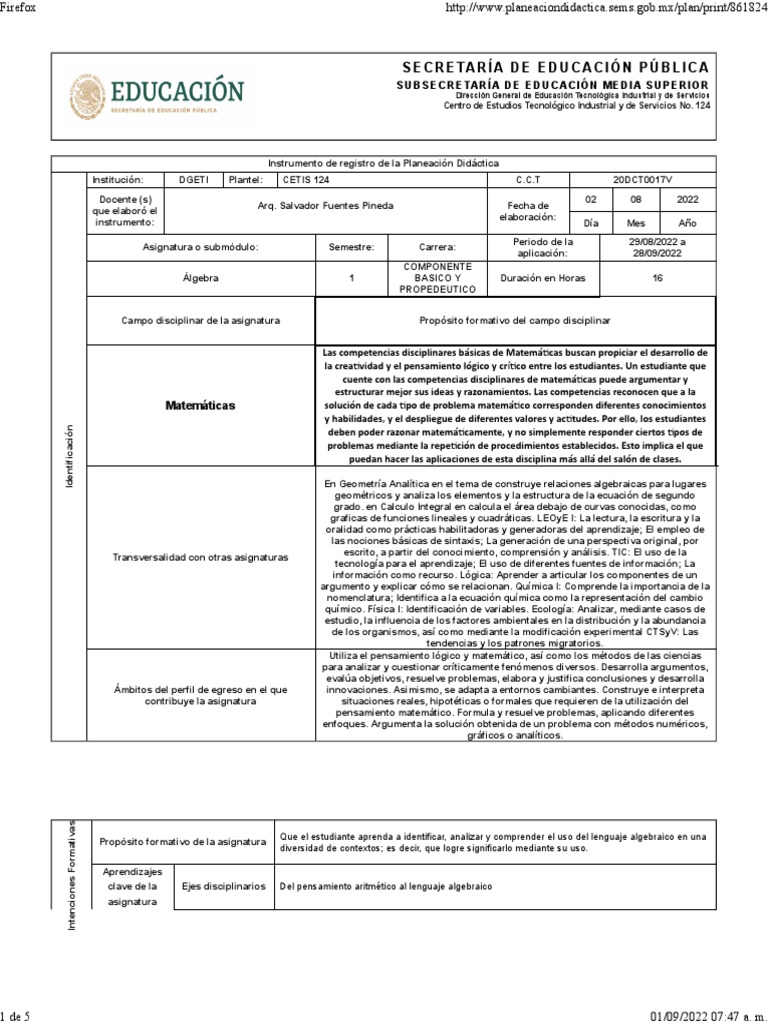Planeacion Didactica Algebra Cetis 124 | PDF | Ecuaciones | Pensamiento