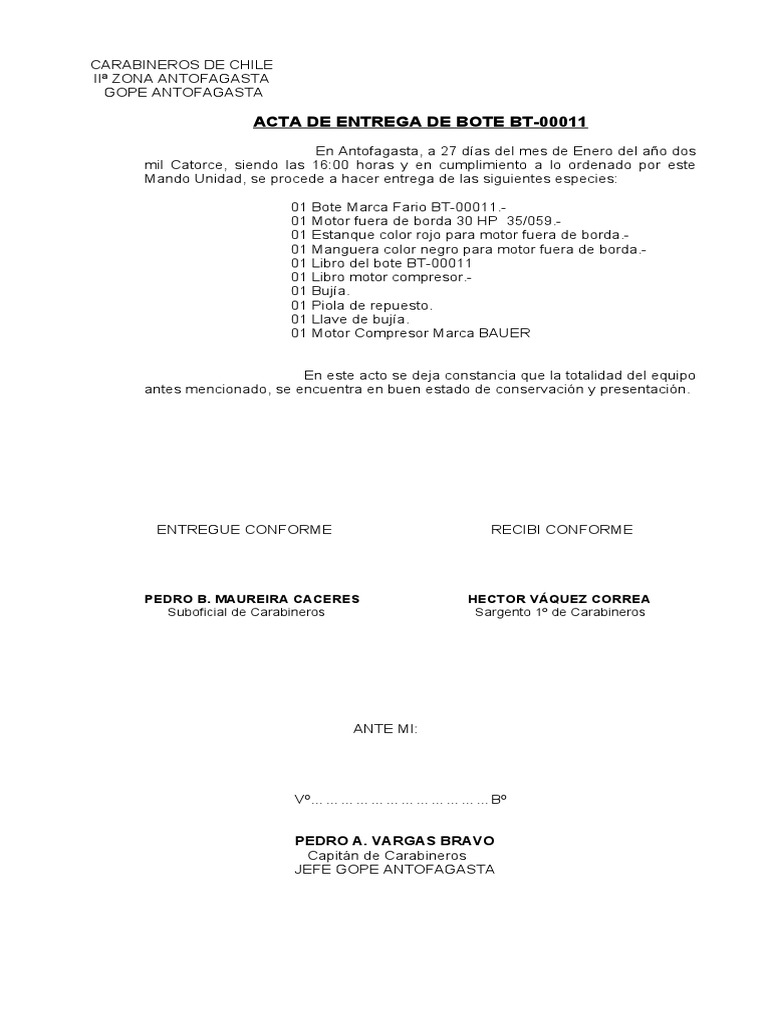 Acta de Entrega Bote BT-00011 | PDF