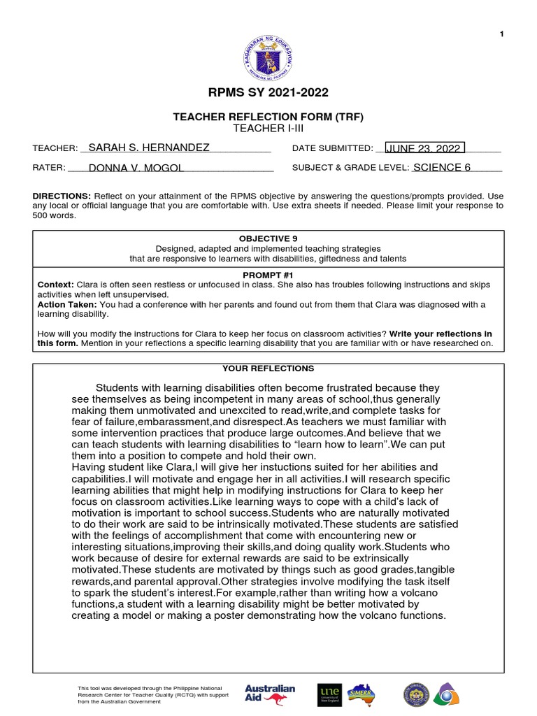 RPMS Teacher Reflection Form For T I III Objective 9 & 10 SSH | PDF ...