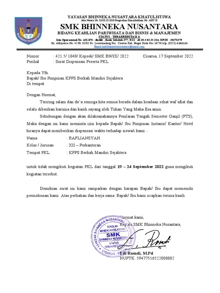 Surat Dispen Tidak Ikut PKL | PDF