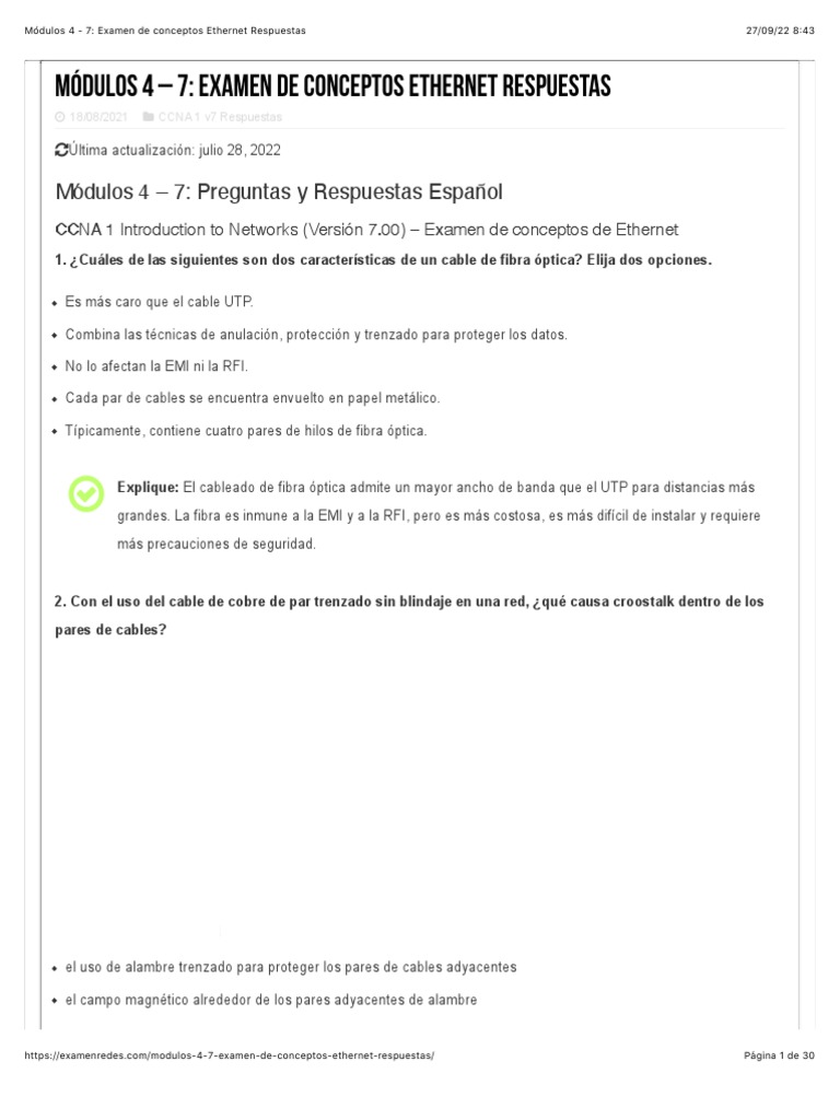 Módulos 4 - 7: Examen de Conceptos Ethernet Respuestas | PDF | Conmutador de red | Red de ...