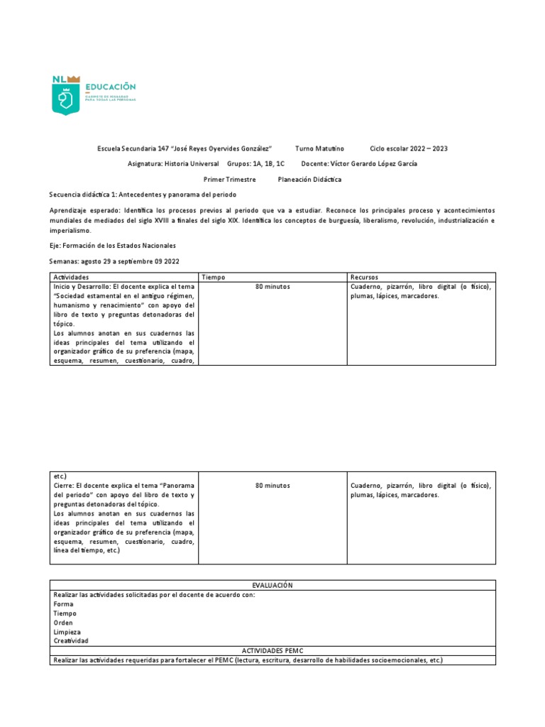 Plan de Clase Historia Universal Primer Trimestre Primer Grado ...