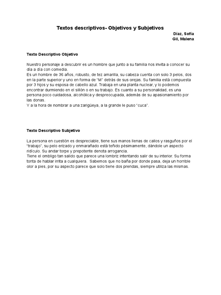 Textos Descriptivos - Objetivos y Subjetivos | PDF