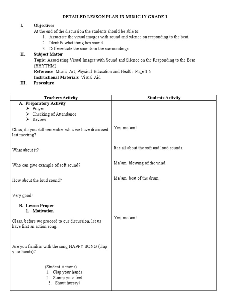 Sound and Silence Lesson Plan for Grade 1 | PDF | Lesson Plan | Silence