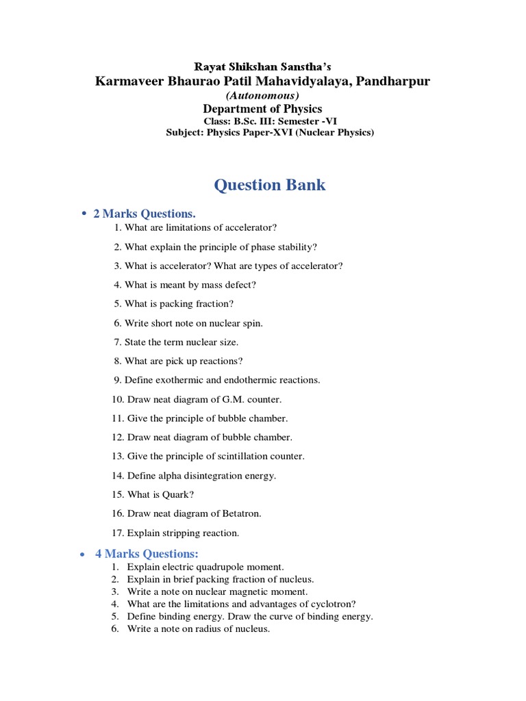 Question Bank - B.SC - III Sem. VI Paper XVI Nuclear Physics | PDF | Nuclear Reaction | Particle ...