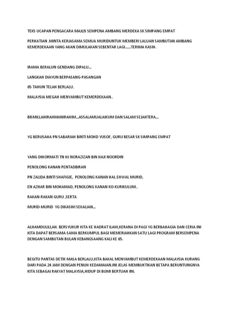 Teks Ucapan Pengacara Majlis Sempena Ambang Merdeka | PDF