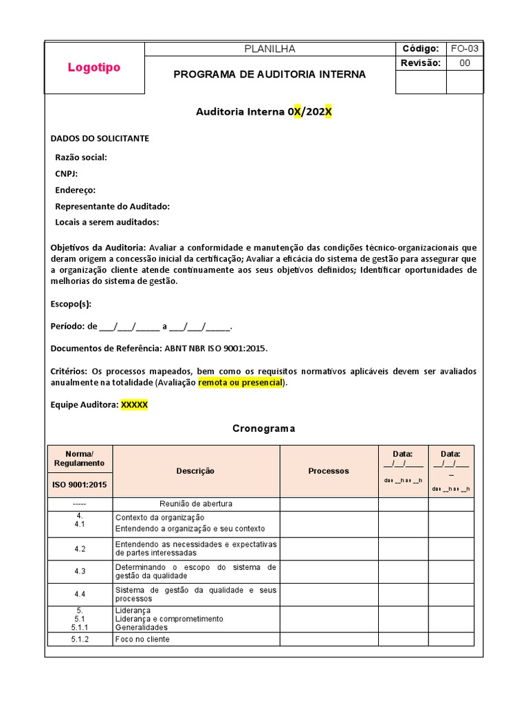 FO-03 Programa de Auditoria Interna | PDF | Auditoria interna | Gestão de qualidade