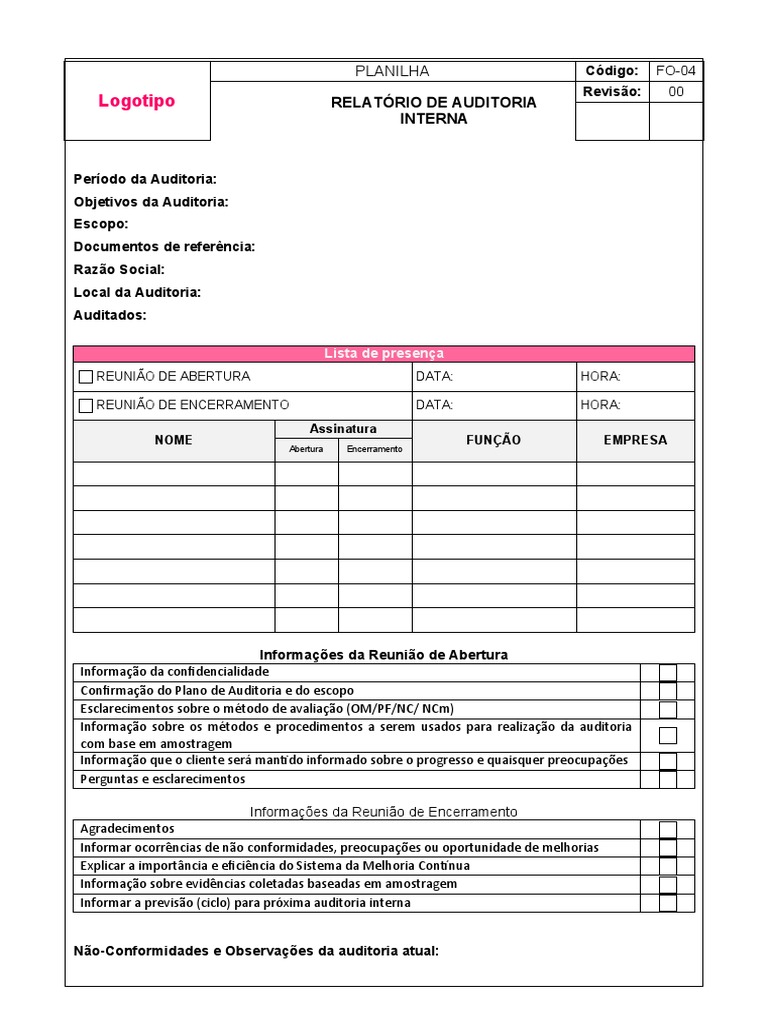 FO-04 Relatorio de Auditoria Interna | PDF | Qualidade (negócios ... FO-04 Relatorio de Auditoria Interna | PDF | Qualidade (negócios ...
