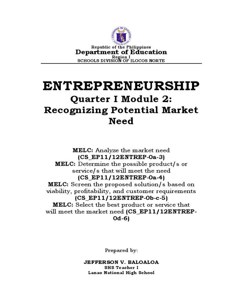 Entrepreneurship 11 12 Q1 Week3 Week6 MELC03 MELC05 MOD Baloaloa, Jefferson | PDF | Market ...