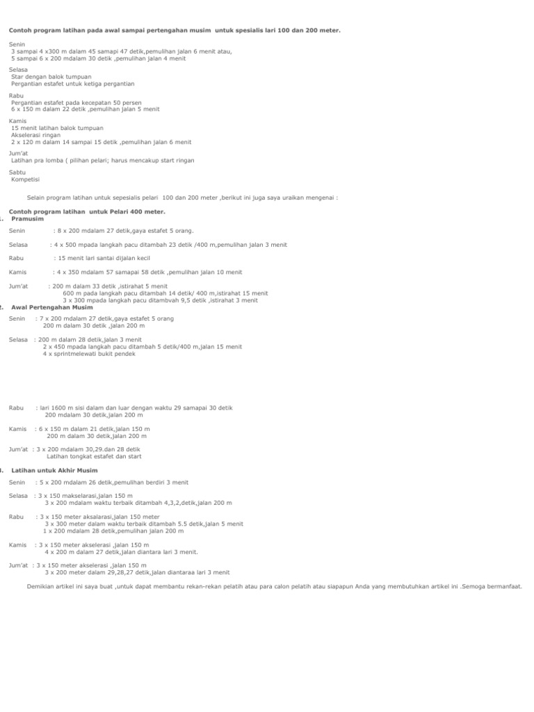 Contoh Program Latihan Pada Awal Sampai Pertengahan Musim Untuk ...