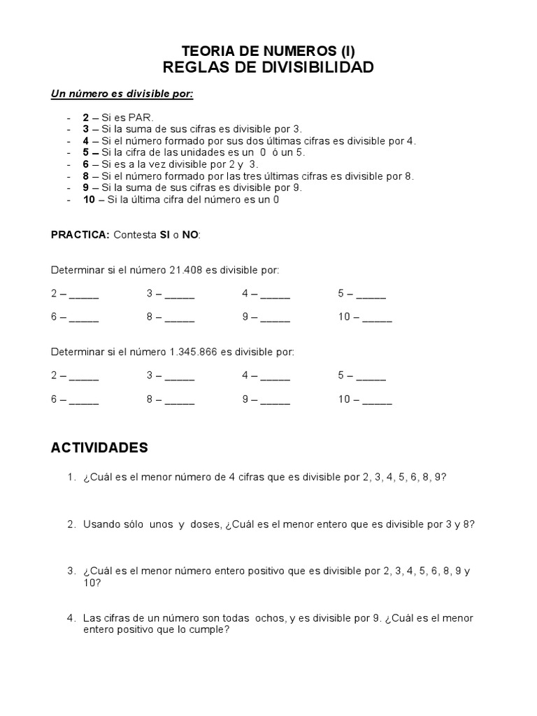 Reglas y Ejercicios de Divisibilidad | PDF | Matemáticas | Teoría de ...