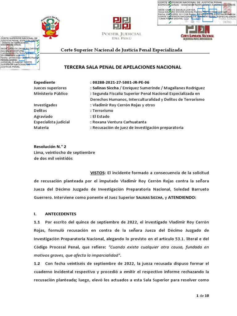 Resolución de La Tercera Sala Penal de Apelaciones Nacional | PDF ...