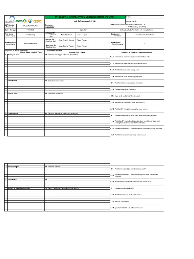 QCM - Jsa - Opr.020 Coal Hauling | PDF