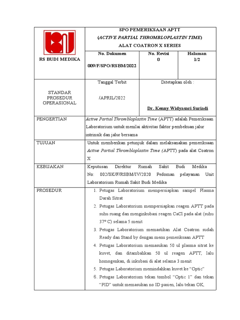 028 Spo Pemeriksaan Aptt Alat Coatron X | PDF