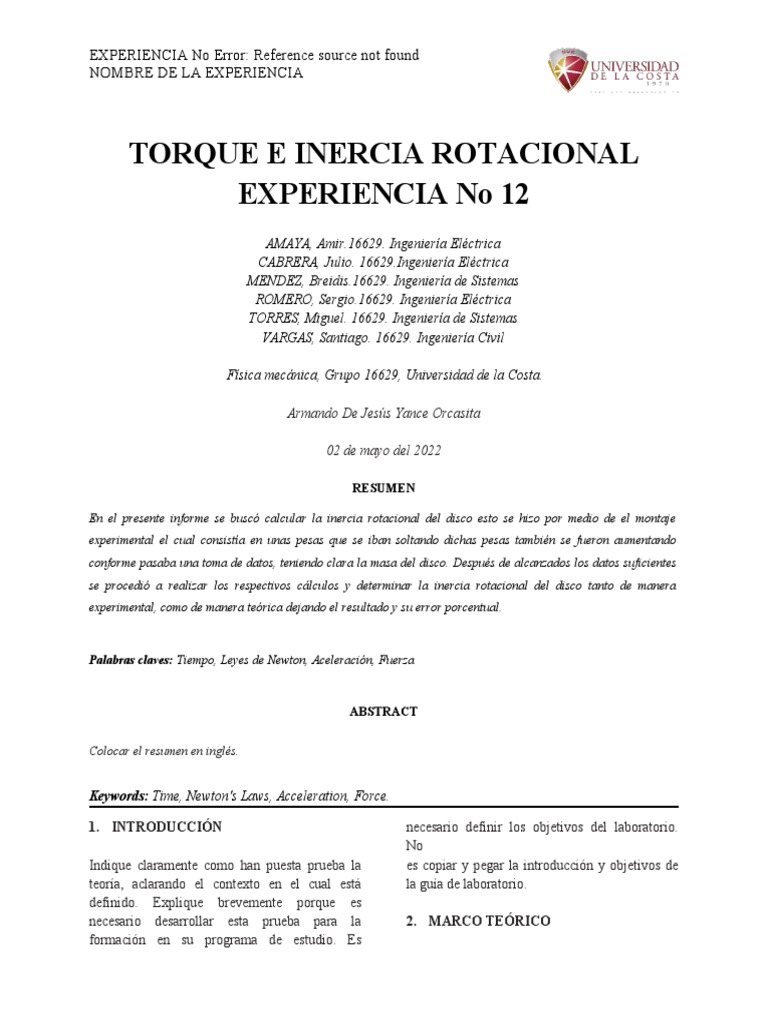Informe No.12 Torque | PDF | Teoría | Ingeniería