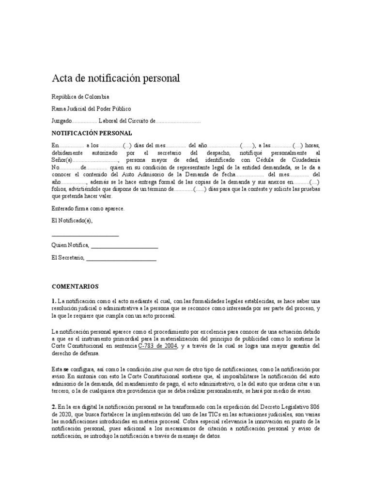 Acta de notificación personal | PDF | Demanda judicial | Ley Pública Acta de notificación personal | PDF | Demanda judicial | Ley Pública