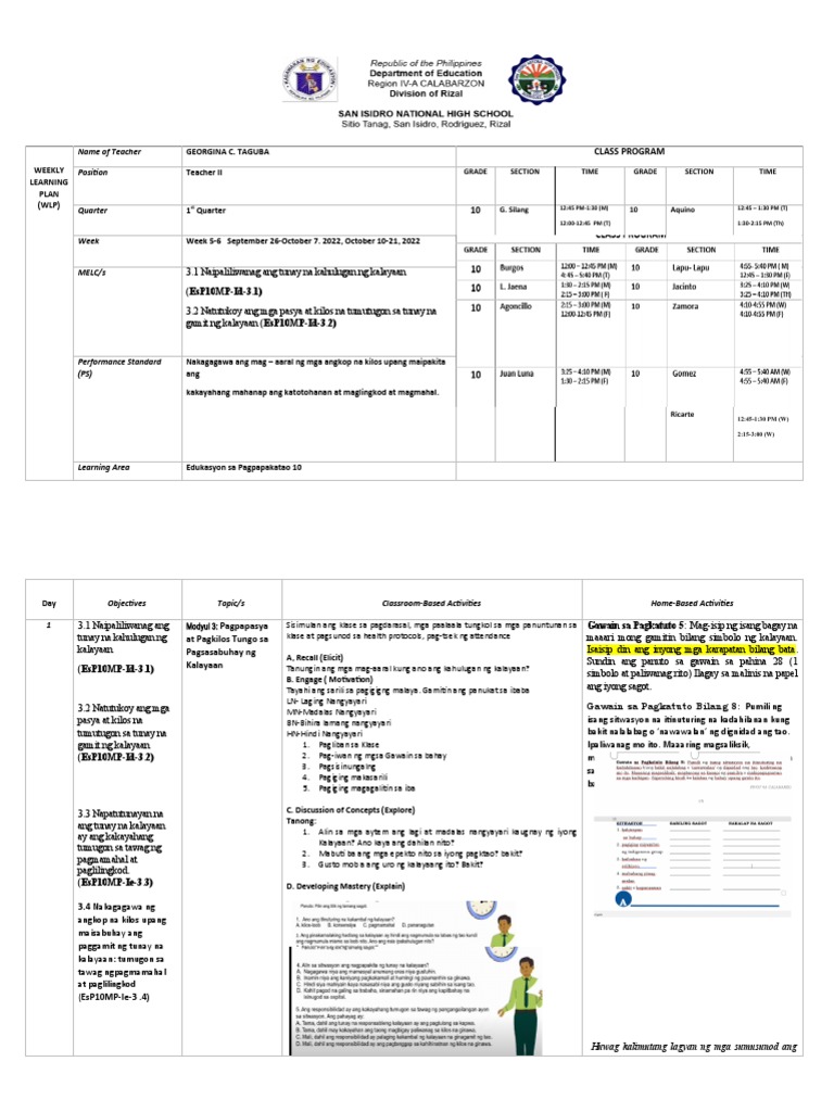 Esp 10 - Weekly Learning Plan - Week 5-6 4 Mod 3 - 4 Kalayan - Dignidad - GT | PDF