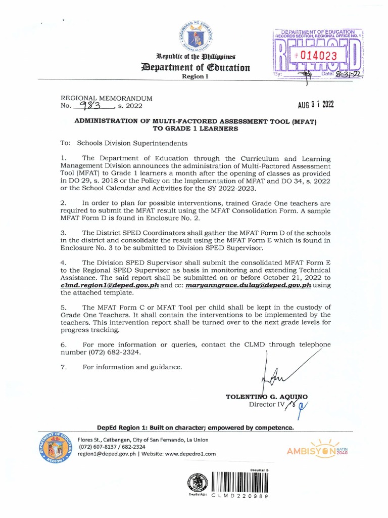 RM 983 Administration of Multi Factored Assesment Tool MFAT For Grade 1 ...