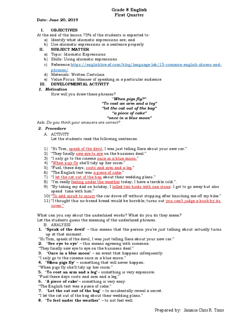 Idiomatic Expressions Lesson Plan | PDF | Idiom | Speed Reading