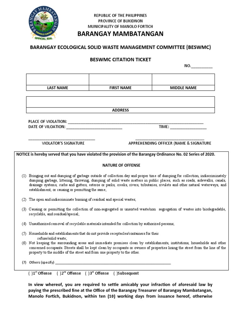 Citation Ticket | PDF | Waste | Municipal Solid Waste