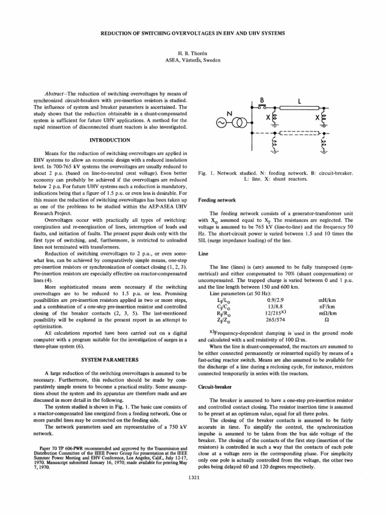 IEEE-Reduction of Switching Overvoltages in EHV & UHV Systems | PDF | Resistor | High Voltage