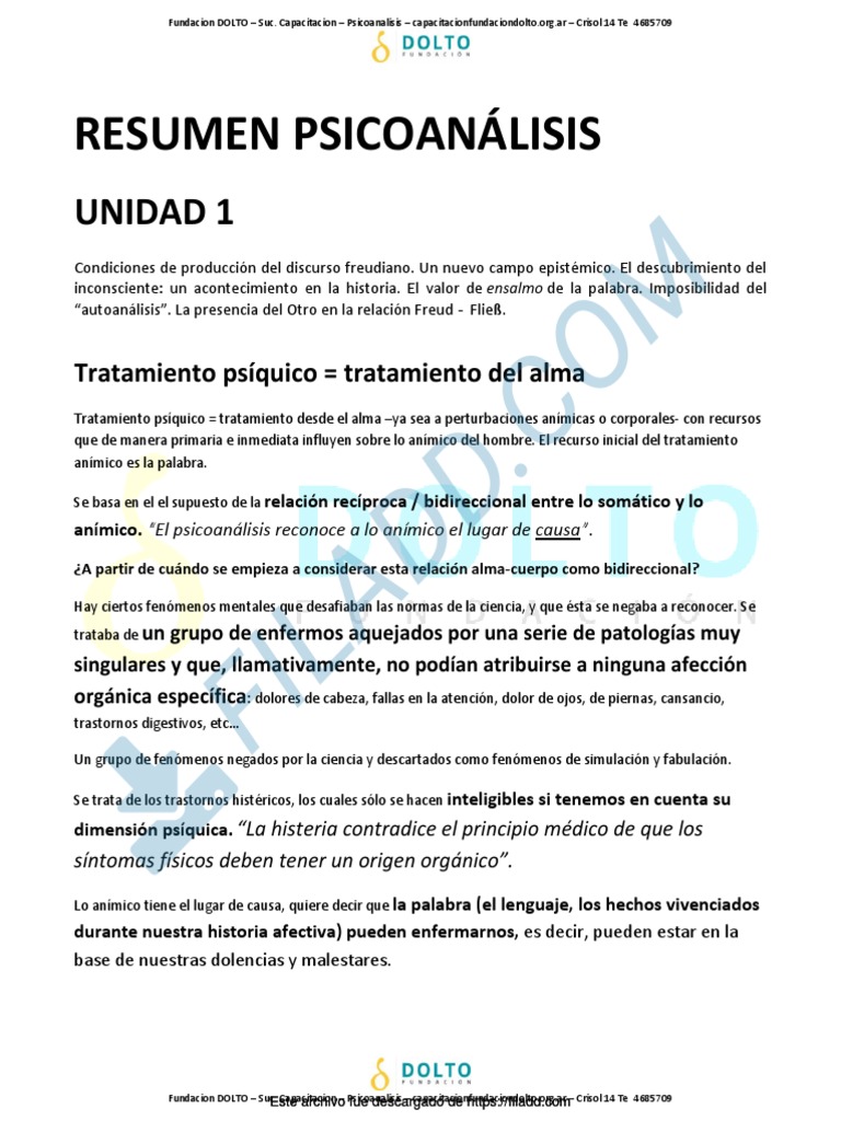 Resumen Psicoanalisis Dolto 1 2 | Descargar gratis PDF | Psicoanálisis | Mente inconsciente