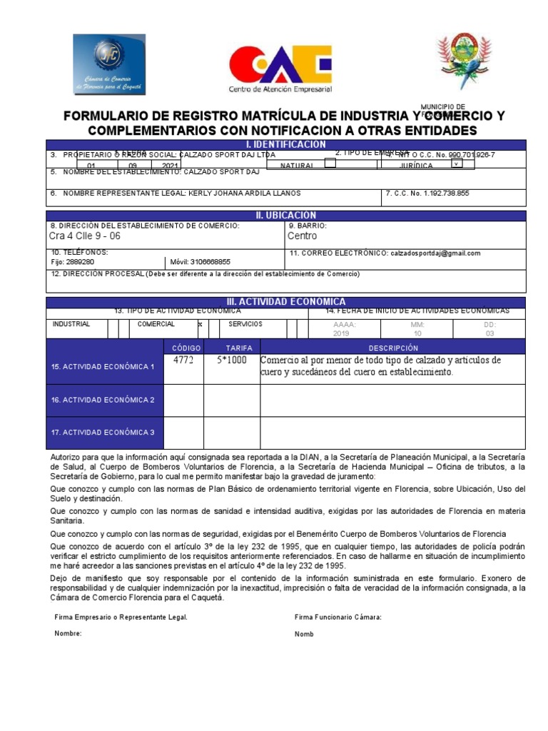 Formulario de Registro Matricula de Industria y Comercio | PDF