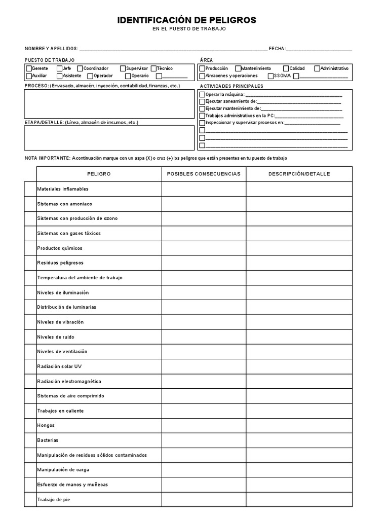 Formato Identificación De Peligros Por Puesto De Trabajo Pdf