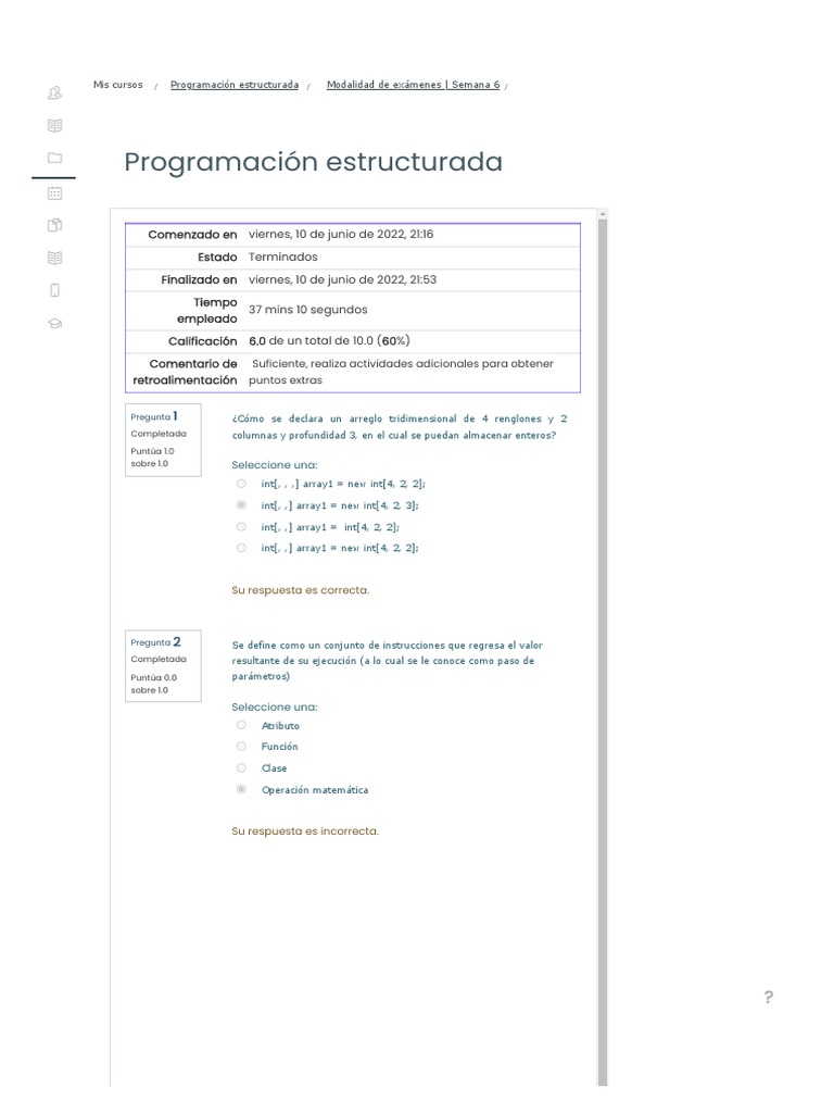 Modalidad de Exámenes - Semana 6 - Revisión Del Intento | PDF | Estructura de datos de matriz ...