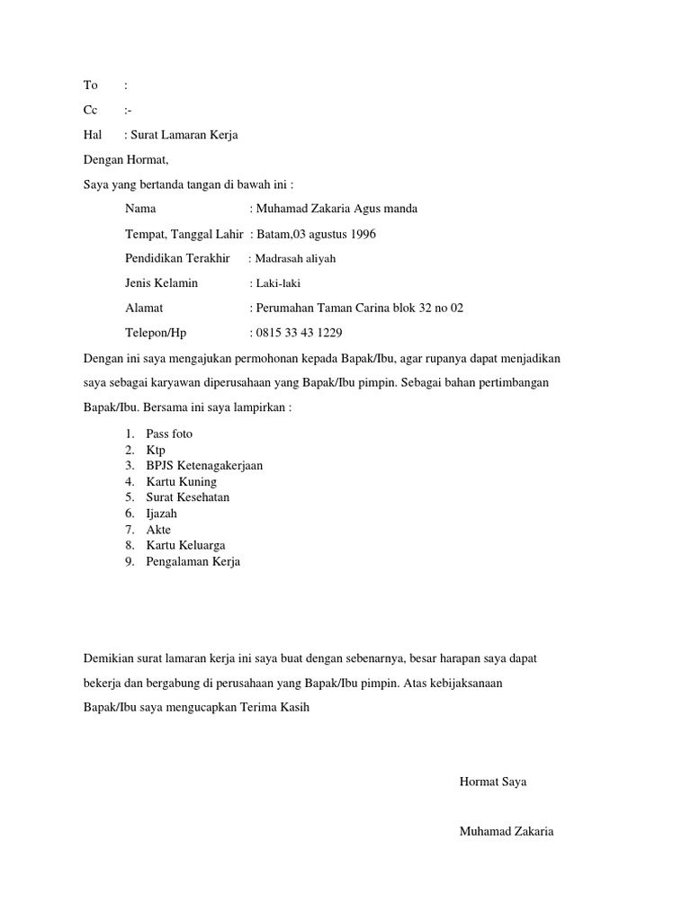 Surat Lamaran Kerja Muhamad Zakaria | PDF