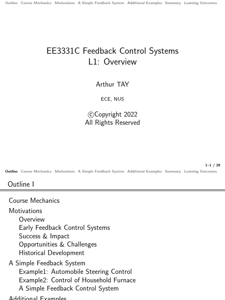 EE3331C Feedback Control Systems L1: Overview: Arthur TAY | PDF | Control Theory | Control System