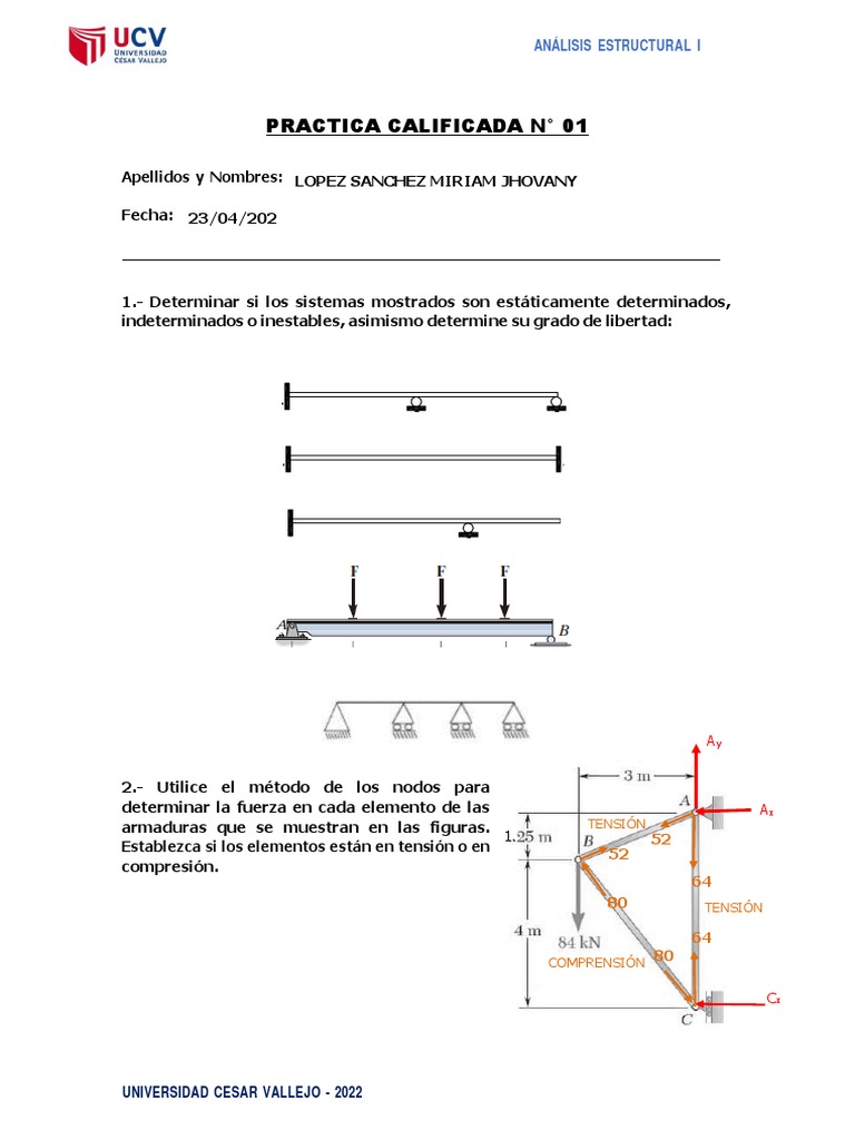 PRACTICA CALIFICADA N°01 - ANALISIS ESTRUCTURAL - Lopez Sanchez Miriam Jhovany | PDF | Braguero ...