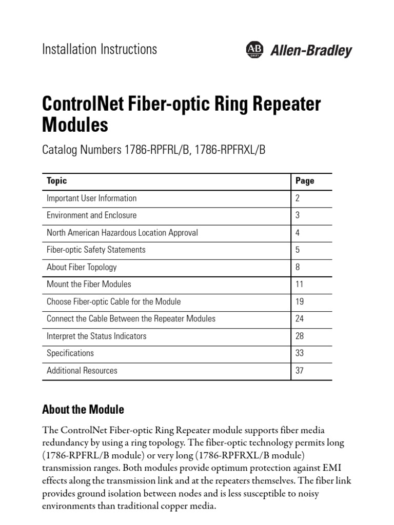 Controlnet Fiber-Optic Ring Repeater Modules: Installation Instructions ...