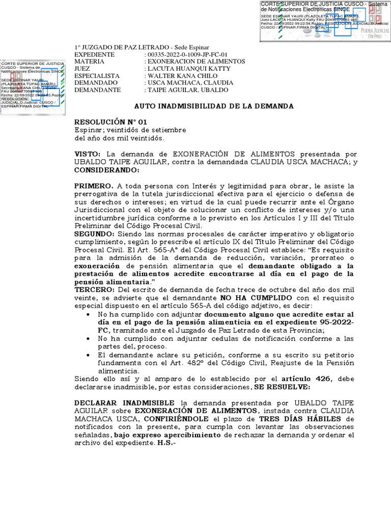 Exp. 00335-2022-0-1009-JP-FC-01 - Resolución - 09237-2022 | PDF ...