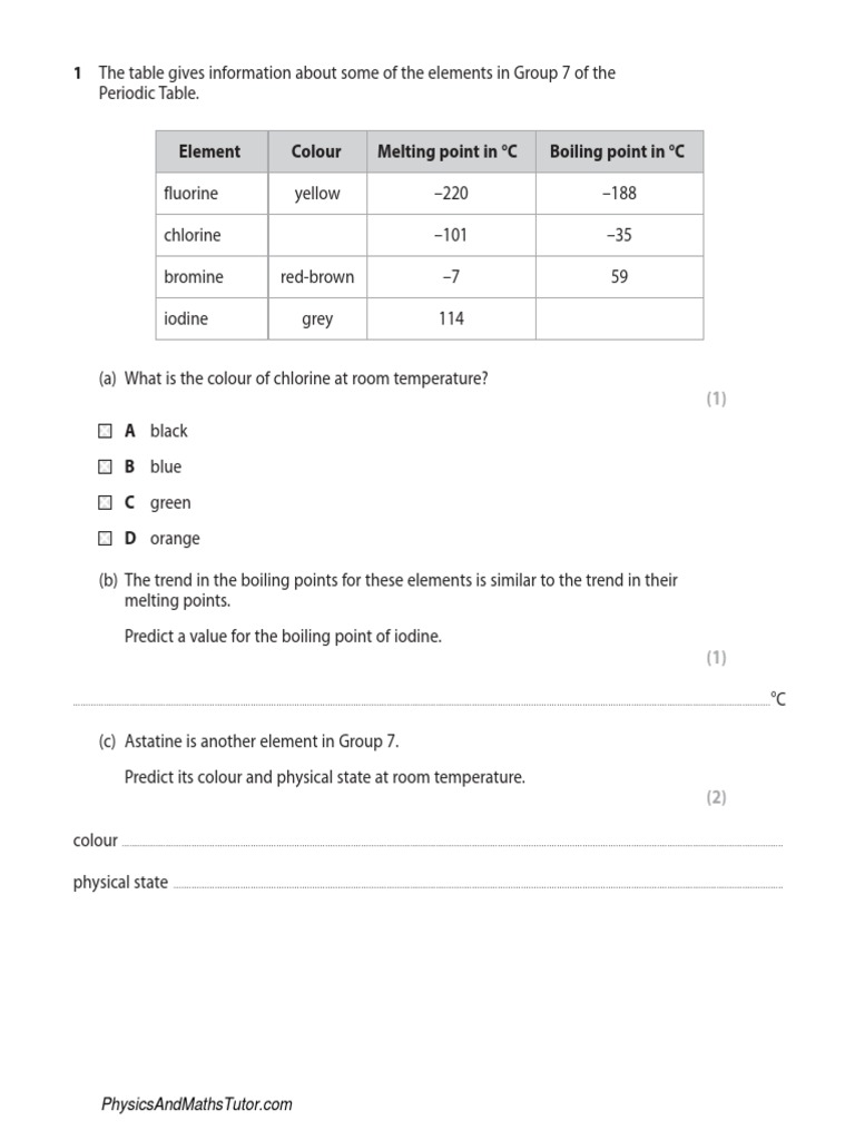 Group 7 (Halogens) - Chlorine, Bromine, Iodine 1 QP | PDF | Chlorine ...