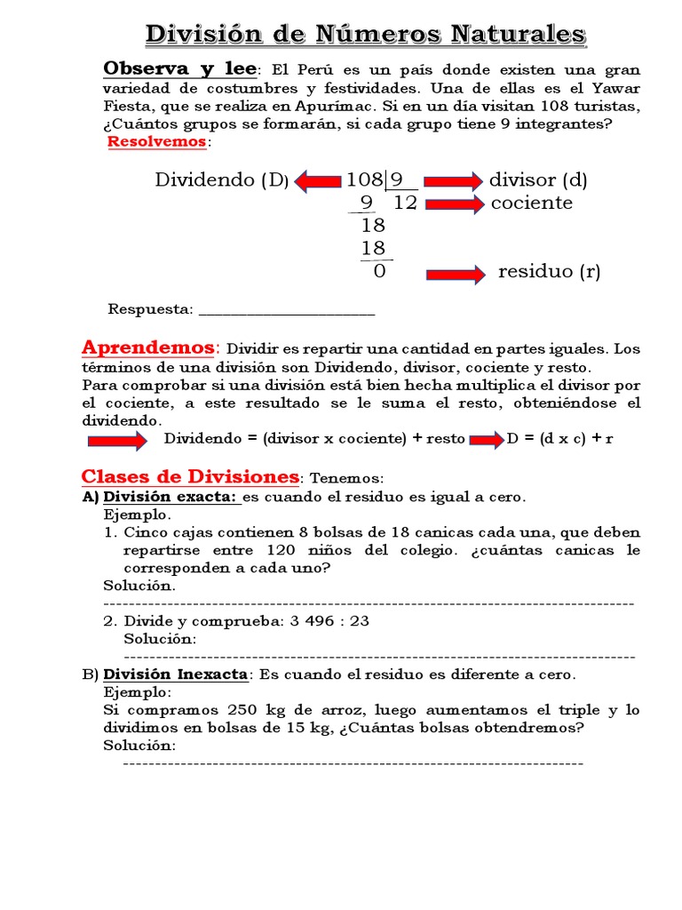 Problemas de Divisiones para Quinto Grado | PDF | División (Matemáticas ...