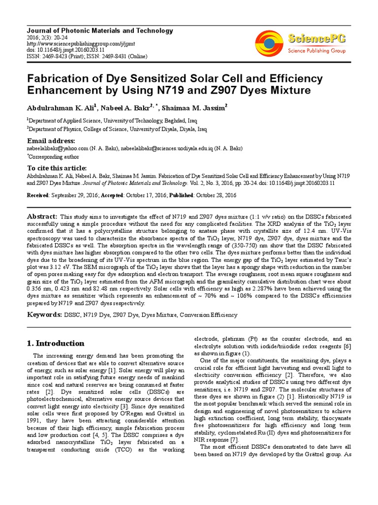 Fabrication of Dye Sensitized Solar Cell | PDF | Ultraviolet–Visible Spectroscopy | Solar Cell