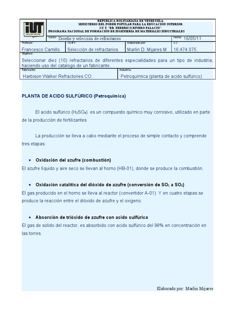 TD-1 Seleccion Harbison Walker Marlin Mijares | PDF | Dióxido de azufre ...
