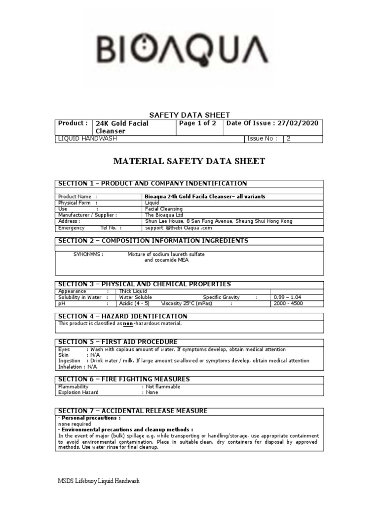 MSDS - Facialwash Bioaqua | PDF | Water | Materials