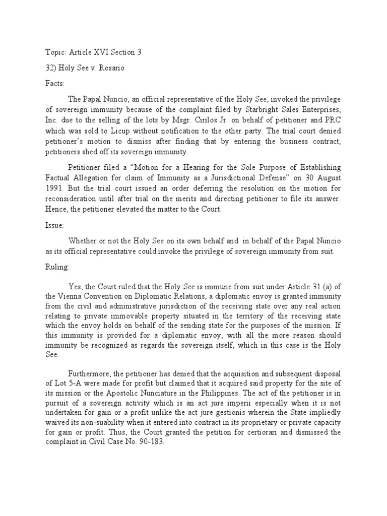 Holy See Sovereign Immunity Ruling | PDF