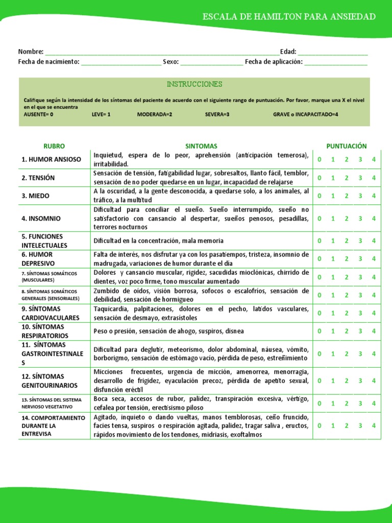 Escala de Hamilton para Ansiedad | PDF | Ansiedad | Especialidades Medicas