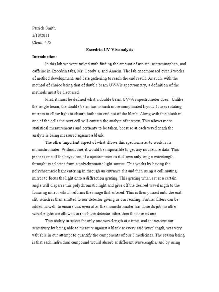 Excedrin Lab Write Up | PDF | Ultraviolet–Visible Spectroscopy | Absorbance