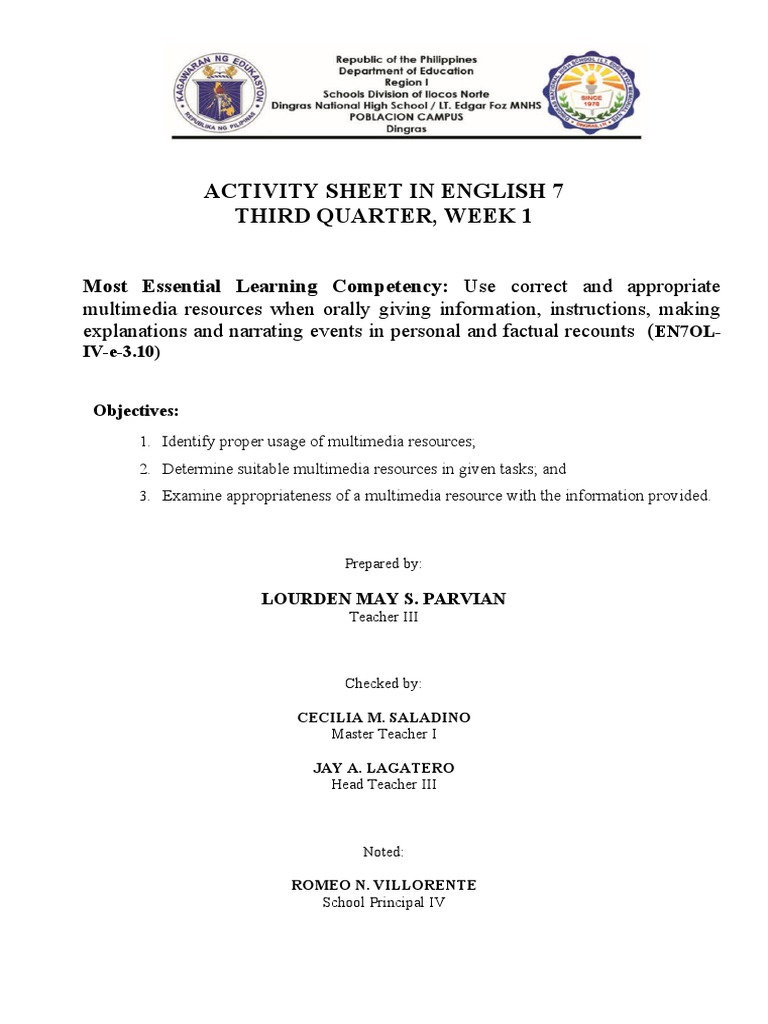 Multimedia Resources Activity Sheet | PDF | Multimedia | Microsoft ...