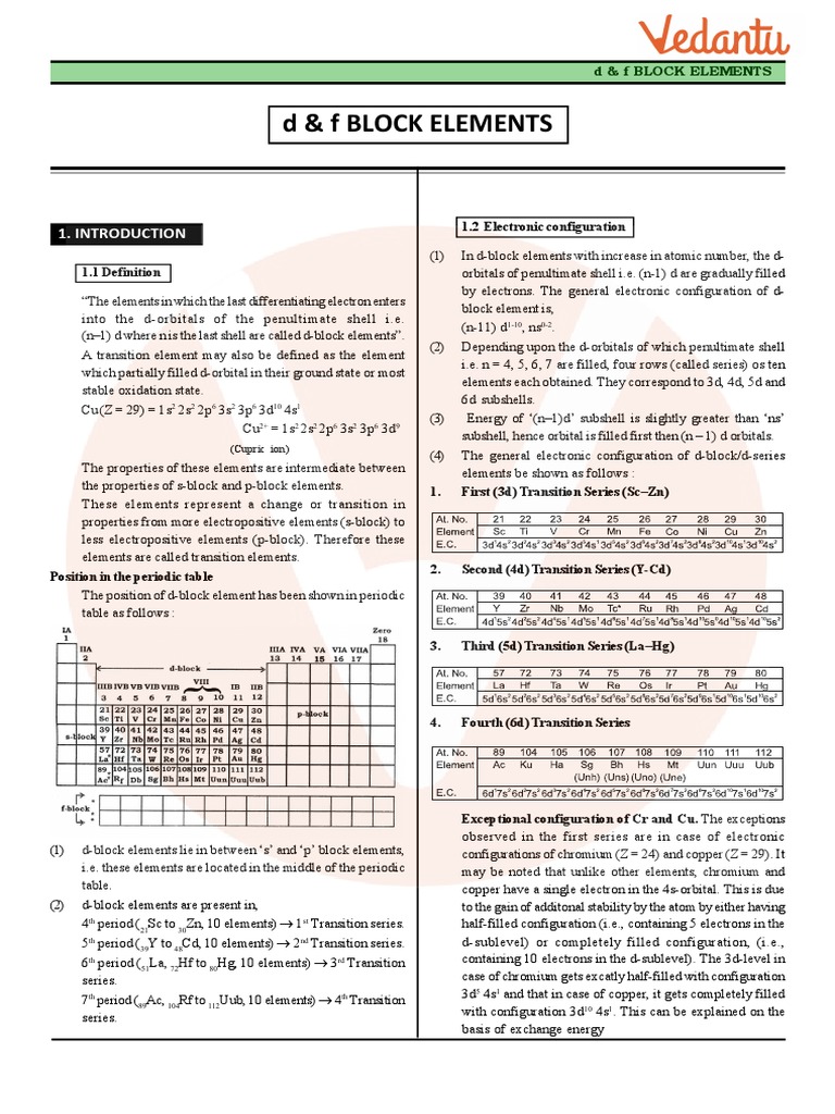 Class 12 Chemistry Revision Notes The D and F Block Elements | PDF ...