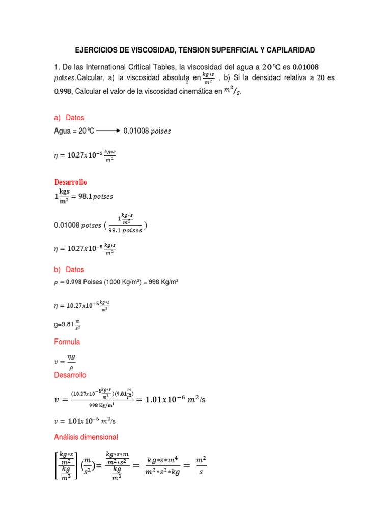 EJERCICIOS DE VISCOSIDAD, TENSION SUPERFICIAL Y CAPILARIDAD - Terminado | PDF | Viscosidad ...