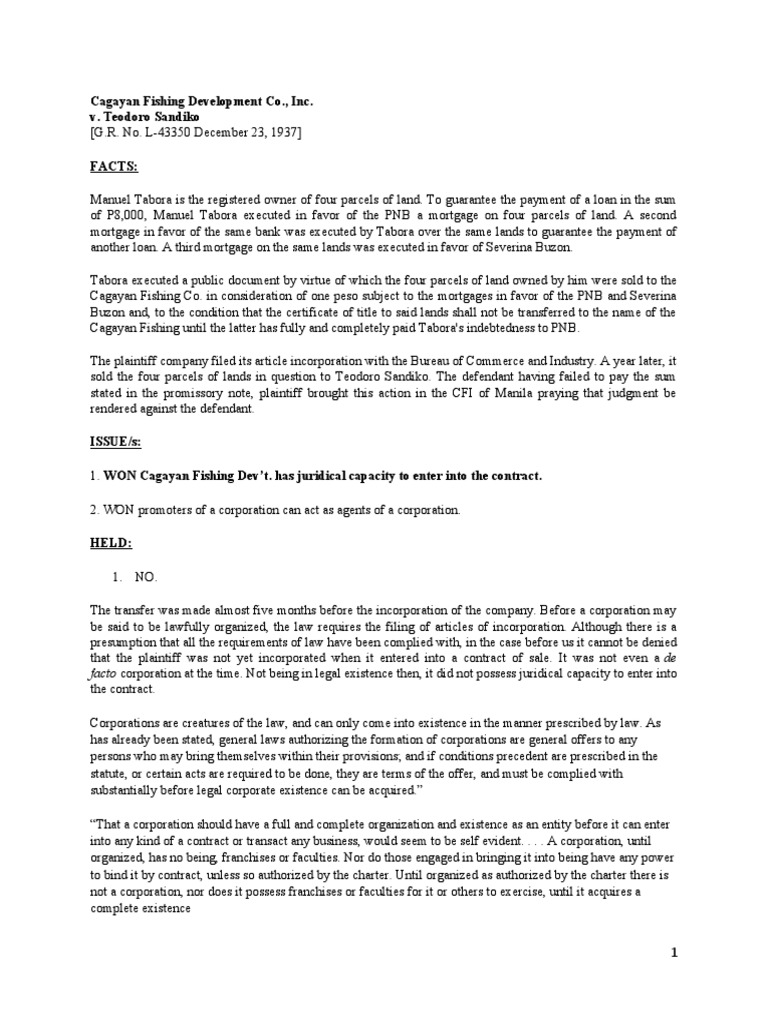Cagayan Fishing Co. v. Sandiko: Corporate Capacity | PDF | Corporations ...