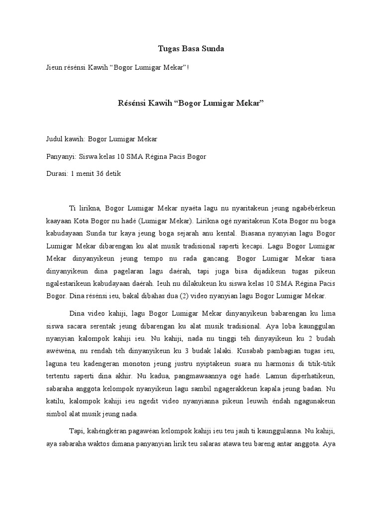 Tugas Basa Sunda - Résénsi Kawih Bogor Lumigar Mekar | PDF
